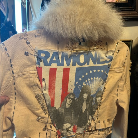 Jackets & Coats | Upcycled White Denim With Fox Collar And Cuffs Cropped Jacket Ramones Punk ...